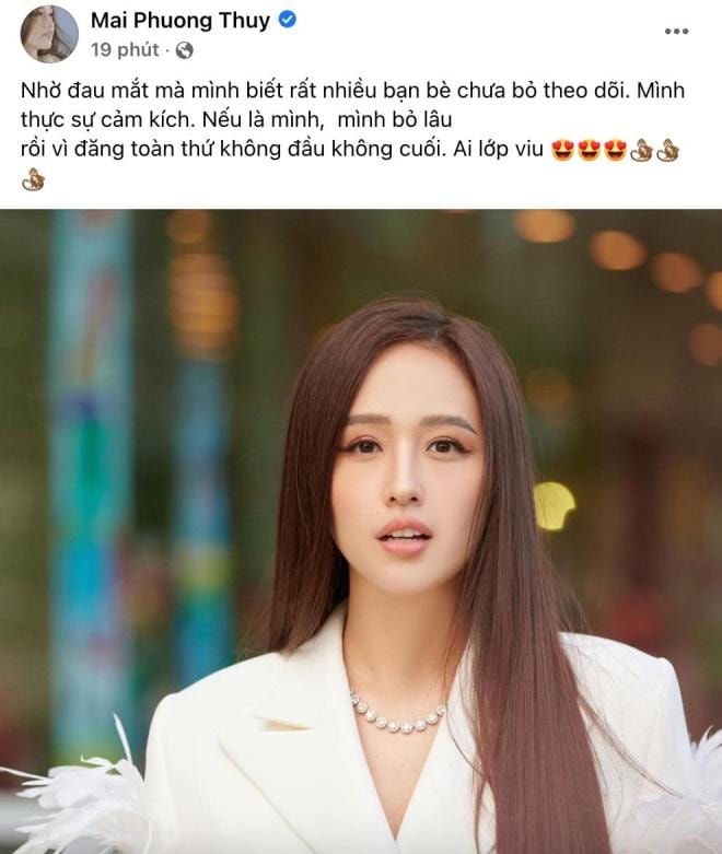 Sau hình ảnh băng bó mắt, Mai Phương Thúy lên tiếng trấn an mọi người và tiết lộ sức khỏe ở thì ...